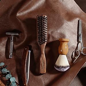 Mens Wild Boar Bristle Hair Brush for Men - Slick Back Hair Brush - Stiff Bristles for Thick Hair, Natural Black Walnut Wooden Handle Hairbrush, Beard Mustache Brush Comb by GAINWELL