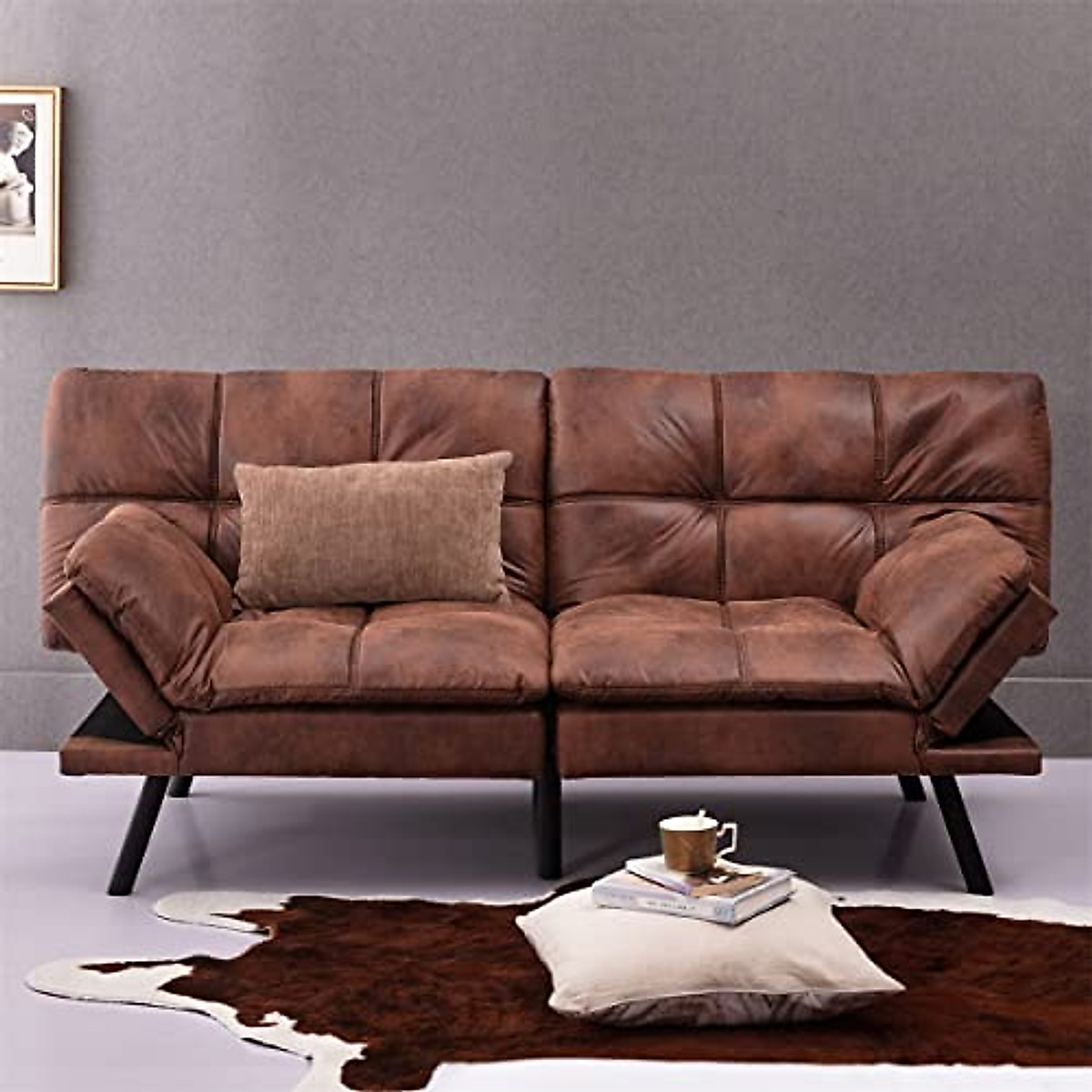 Futon Sofa Bed,Faux Leather Memory Foam Couch,Modern Convertible Loveseat Folding Sleeper Sofa with Adjustable Armrest and Backrest,Sofa Daybed Folding Recliner for Apartment Dorm Living Room,Brown
