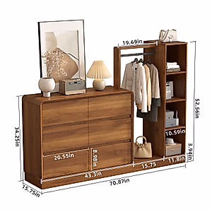 Messenya Dresser with Hanging Racks&Open Shelf Bookcase，Dresser for Bedroom with 6 Drawers Dresser with Clothes Rack, 4-Tier Bookshelf Wood Storage Unit