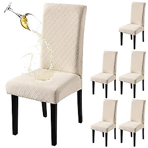 Fuloon Waterproof Dining Chair Covers, Parsons Chair Slipcover, Super Fit Stretch Kitchen Chairs Slipcovers, Removable Washable Chairs Seat Slipcover for Dining Room, Kitchen, Banquet (6 Pack, Beige)