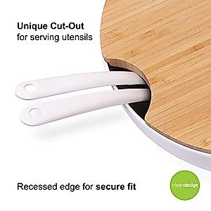 Clean Dezign 11.5" Large Salad and Serving Bowl with Bamboo Wood Lid and Servers Set - Bamboo Fiber Mixing Bowl and Utensils with Wooden Cutting Board Top (Large, Natural White)