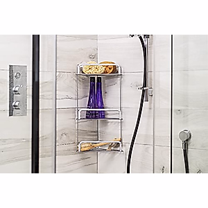 Croydex Stick n Lock Easy to Fit Adhesive Three Tier Corner Basket, Silver