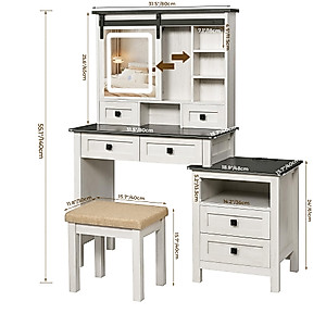 ANWBROAD Farmhouse Makeup Vanity Desk with Sliding Mirror and Lights Antique White Makeup Vanity Table Set with Charging Station Nightstand 3 Colors Lights Storage Shelves Cushioned Stool UBDT56W01