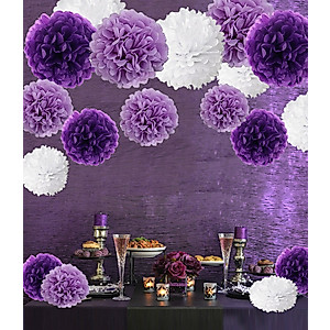 Tissue Paper Pom Poms, Recosis Paper Flower Ball for Birthday Party Wedding Baby Shower Bridal Shower Festival Decorations, 18 Pcs - Purple, Lavender and White