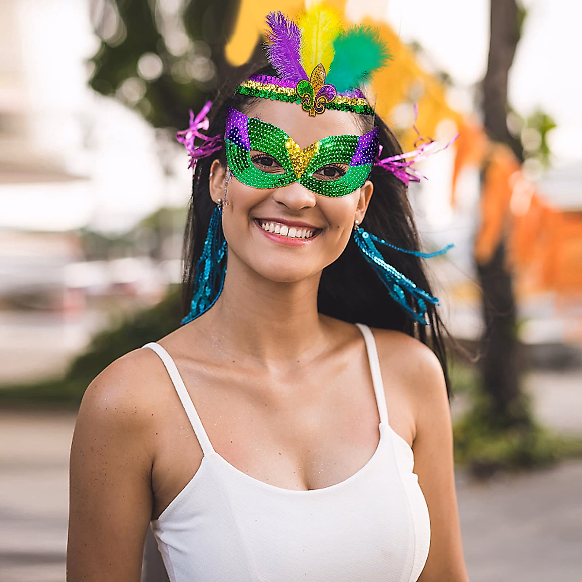 2PCS Mardi Gras Feathers Headband Purple Yellow Green Feather Headband Mardi Gras Sequin Mask Carnival Headband for New Orleans 1920s Carnival Parade Tea Party Halloween Fleur De Lis Hair Band
