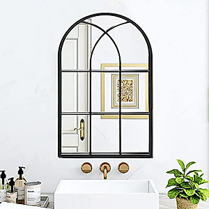 ZMYCZ Arched Wall Mounted Mirror, Black Wall Mirror, Arched-Top Bathroom Mirror, Farmhouse Mirror, Windowpane Metal Frame Mirror, Long Hanging Mirror for Living Room or Bedroom (20"x28")