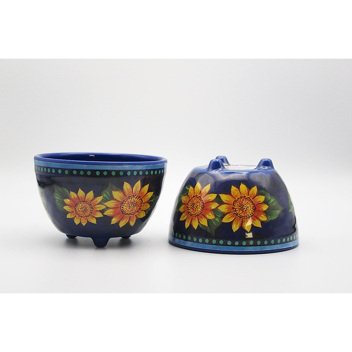 Chips and Salsa Chip Dip Bowl Set - Spanish 2 Piece Small Bowl Set Painted Blue Dishes with Sunflowers - Serving Bowls for Party and Fiestas (2)