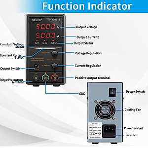 DC Power Supply Variable, Hyelec 30V 5A Adjustable Switching Regulated DC Bench Power Supply with 4 Digits LED Display, Data Hold,Coarse and Fine Adjustment with 110V Alligator Leads