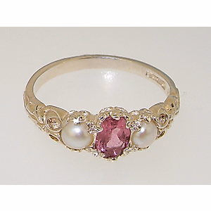 LetsBuyGold 925 Sterling Silver Real Genuine Pink Tourmaline & Cultured Pearl Womens Band Ring - Size 7