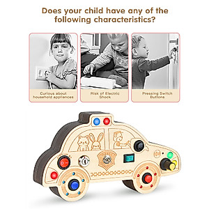 HOOLYUK Busy Board for 3+ Year Old Toddler, Wooden Car Sensory Toy for Autistic Children with LED Light Switches and Toggle Switch, Portable Fidget Toy Great for Travel