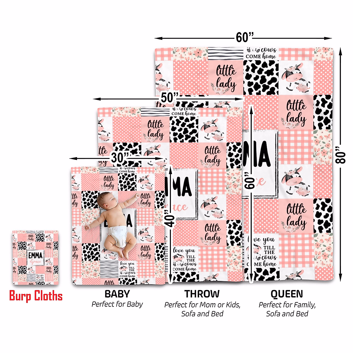 Kingdora Personalized Cow Baby Blanket, Cow Print Baby Blanket, Baby Girl Woodland Blanket, Animal Print Baby Blanket, Baby Zoo Animal Blanket, Baby Girl Blanket, Woodland Baby Blanket Girl
