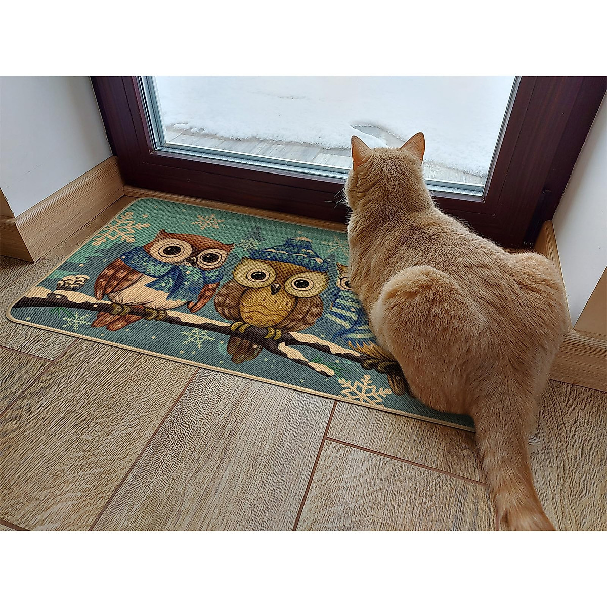 Winter Door Mat, Non Slip Owl Welcome Entrance Mats Christmas Winter Snowflake Home Decor 29 x 17 Inch Rubber Kitchen Doormat for Xmas Holiday Entryway Front Porch Farmhouse Decoration