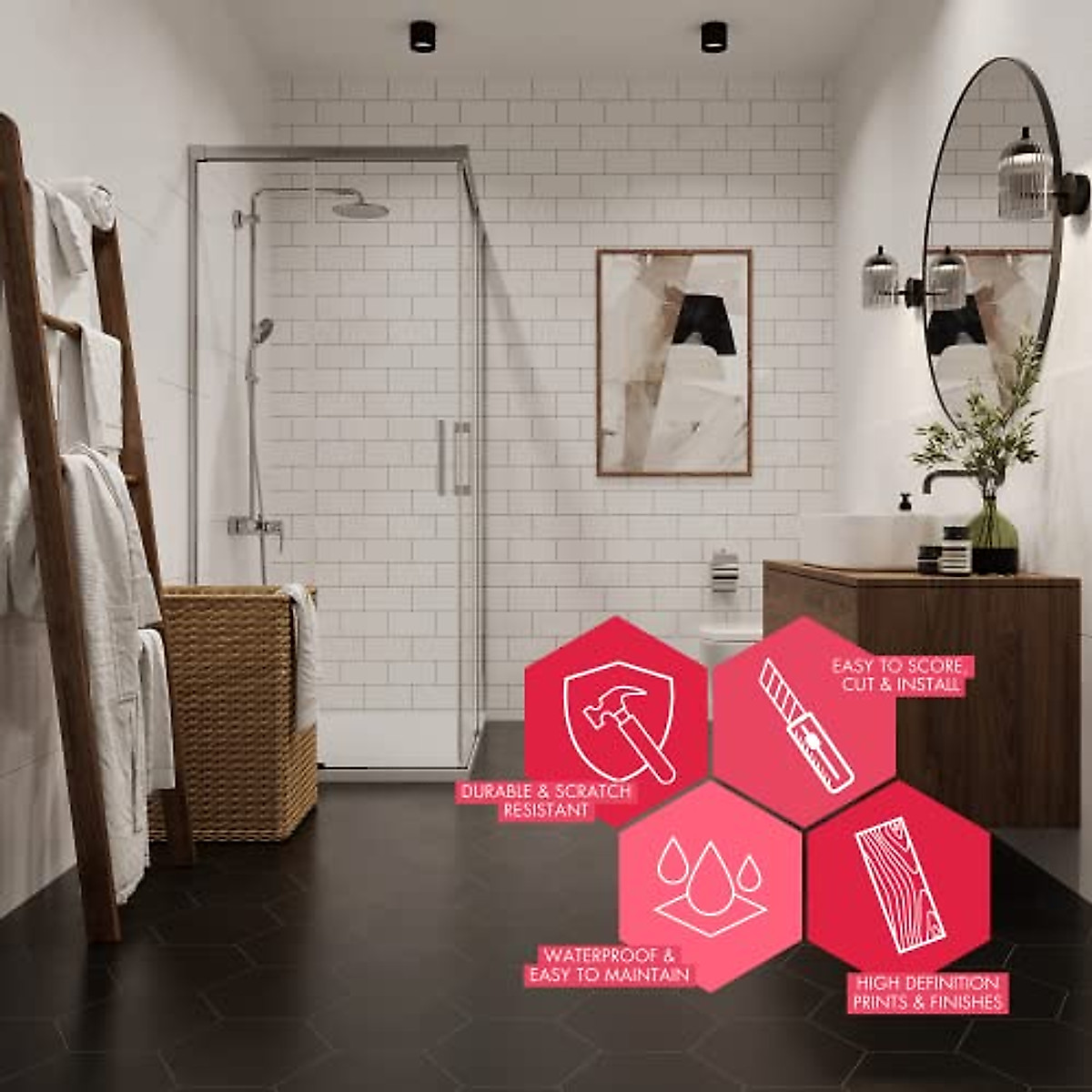 BaseCore HEX Hexagon Vinyl Flooring Black 5.75" DIY Self Adhesive Textured Modern Floor Tile Peel & Stick Tile | Sample Tile