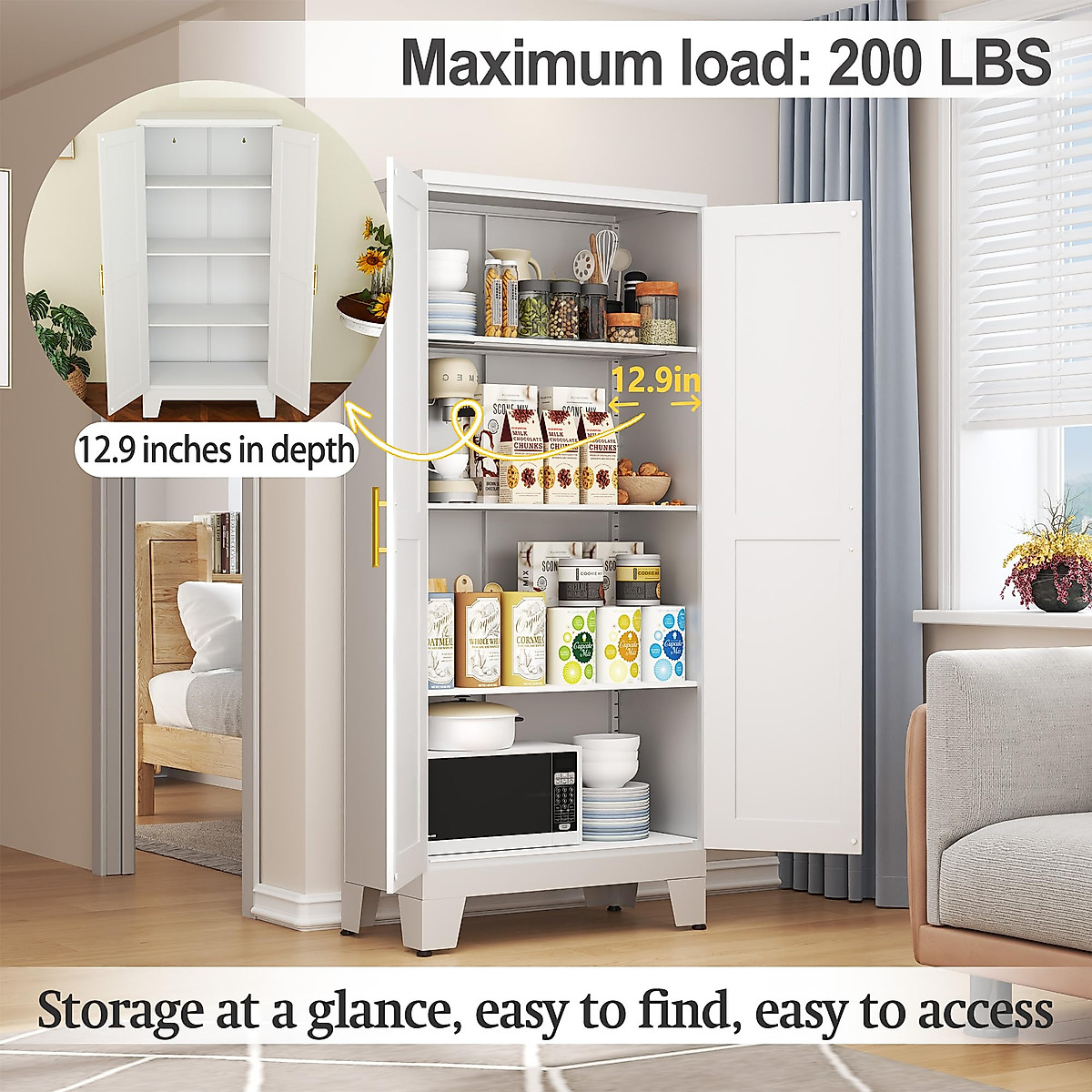 RISTERN White Metal Storage Cabinet, 61" Steel File Cabinet for Home Office, Kitchen Pantry Storage Cabinet with Doors and 3 Adjustable Shelves, Tool Cabinet, for Office, Home, Garage, School