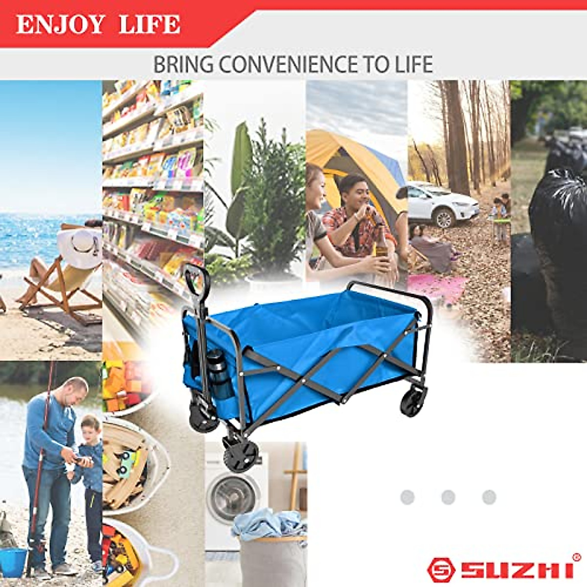 SUZHI Small Wagons Carts with Wheels Foldable, Collapsible Camping Wagon Cart On Wheels Outdoor Lounge Wagon, Fishing Wagon, Pet Wagon for Apartment Grocery