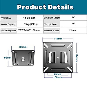 TETVIK Monitor Wall Mount Most 14-24“ TVs Computer Universal Low Profile RV TV Wall Mount VESA Up to 100x100mm Max Weight 30lbs Fits 15 19 20 22 23 Inch Camper Small Monitor Mount Bracket
