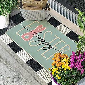 Artoid Mode Cute Bunny Rabbit Happy Easter Welcome Decorative Doormat, Seasonal Spring Low-Profile Rug Switch Mat for Indoor Outdoor 17x29 Inch