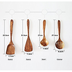 NAYAHOSE Wooden Spoons for Cooking, 4 Pcs Wooden Utensils for Cooking, Natural Teak Wood Spatulas Spoon for Cooking, Nonstick Kitchen Utensil Set