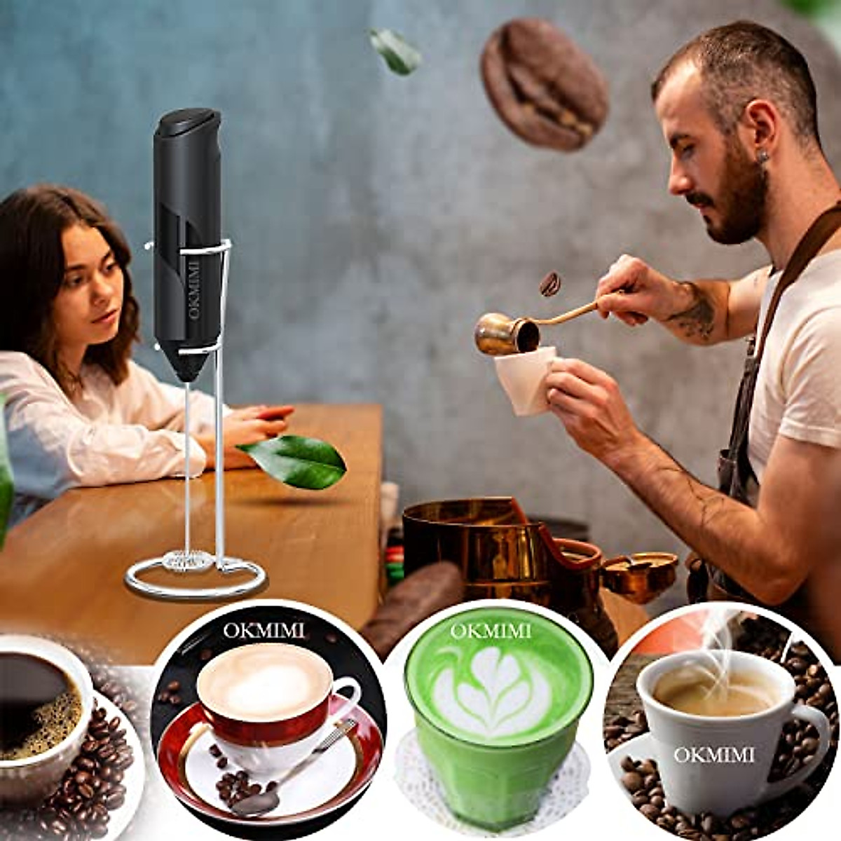 OKMIMI Milk Frother Handheld with Stand, Electric Whisk Drink Mixer for Lattes, Coffee, Cappuccino, Hot chocolate, Battery Operated(not included) Stainless Steel Mini Foamer Cool Kitchen Gadgets