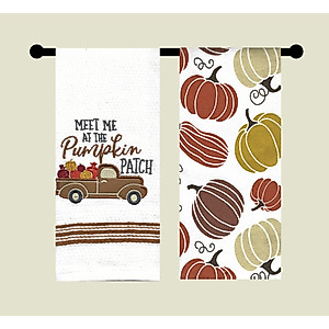 Mainstream Fall Kitchen Towels, Set of 2, Vintage Bronze Truck Meet Me at The Pumpkin Patch and Print Cotton Terry Dishtowels Drying Cloth 16 x 26 inches White, Bronze, Brown, Gold, Orange Wine, Grey