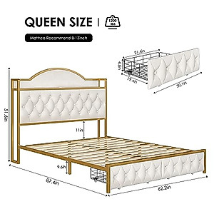 HITHOS Queen Size Bed Frame with 2 Drawers and Storage Headboard, Button Tufted Modern Upholstered Platform Bed with Charging Station, No Box Spring Needed, 51.6" Tall Headboard, Off White