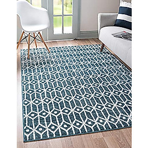 Rugs.com Lattice Trellis Collection Rug – 7' x 10' Blue Low-Pile Rug Perfect for Living Rooms, Large Dining Rooms, Open Floorplans