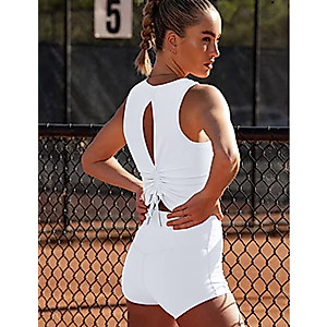 VOOVEEYA Ruched Workout Tops for Women Open Back - Going out Crop Tops Backless Yoga Tops Tie Back（White-L）