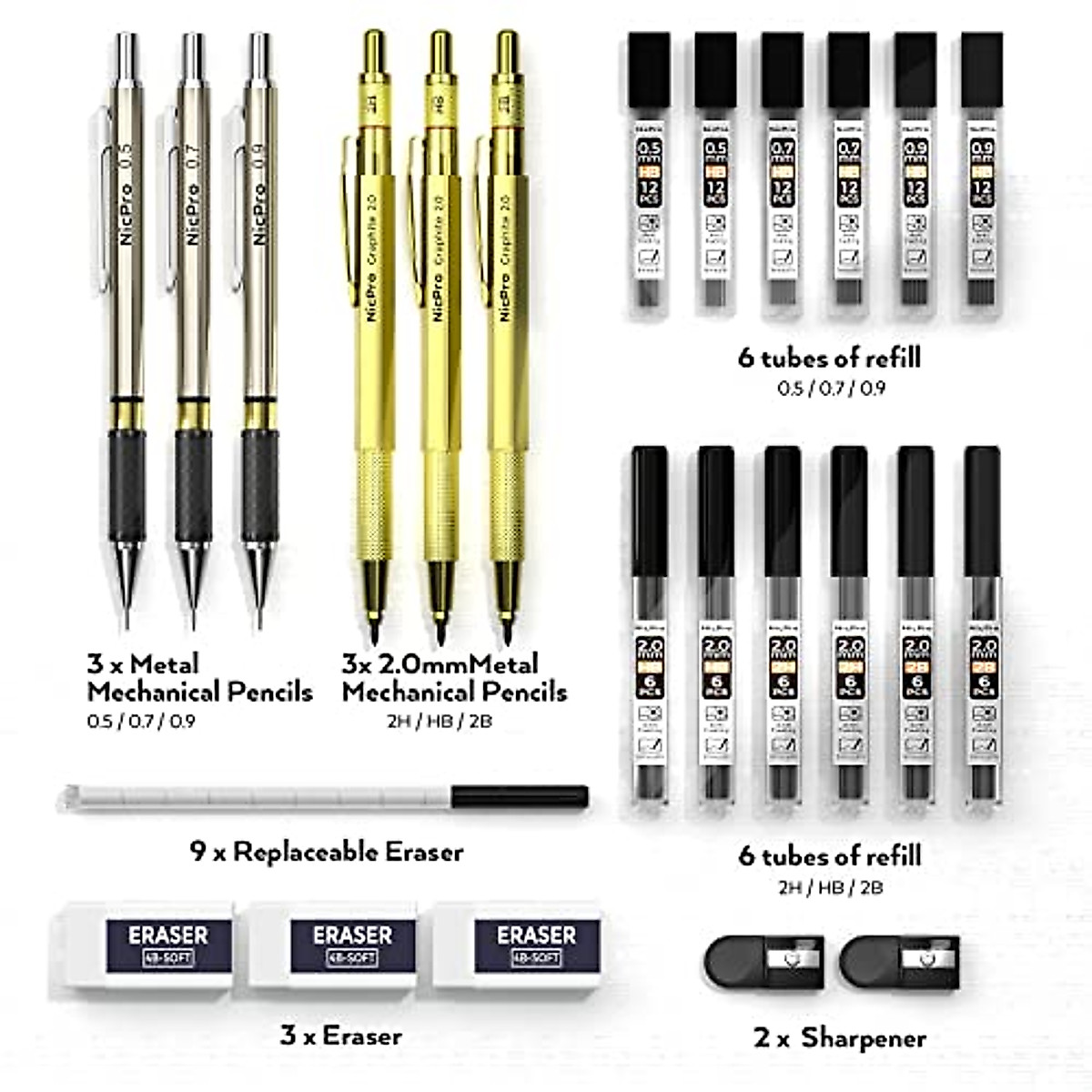 Nicpro Gold Mechanical Pencils Set, 3 PCS Metal Drafting Pencil 0.5 mm & 0.7 mm & 0.9 mm & 3 PCS 2mm Graphite Lead Holder (2B HB 2H) For Writing, Sketching Drawing With 12 Tube Lead Refills Case