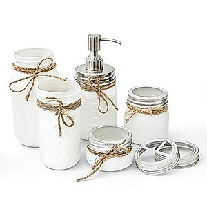 Mkono Mason Jar Bathroom Accessories Set White Mason Jars Bathroom Organizer Include Liquid Soap Dispenser,Cotton Swab,Tissue,Toothbrush Holder,Rustic Country Countertop Fall Decor 5 Piece, White