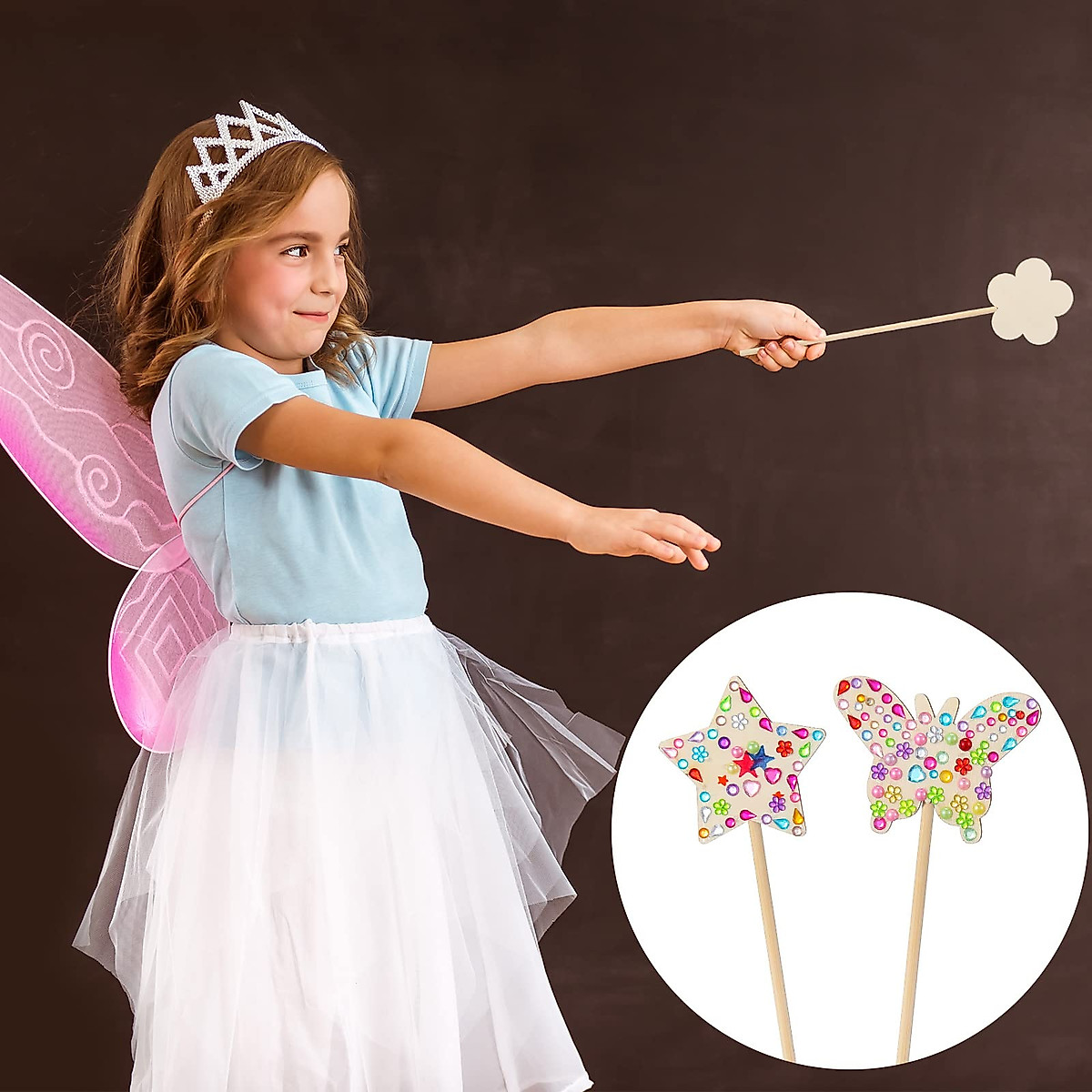 30 Pieces Princess Fairy Wands Kit Include 21 Wooden Fairy Wands Make Your Own Princess Wand, 6 Watercolor Brushes and 3 Gem Stickers Unfinished Wooden DIY Fairy Wand Art Craft Kit for Party Supplies