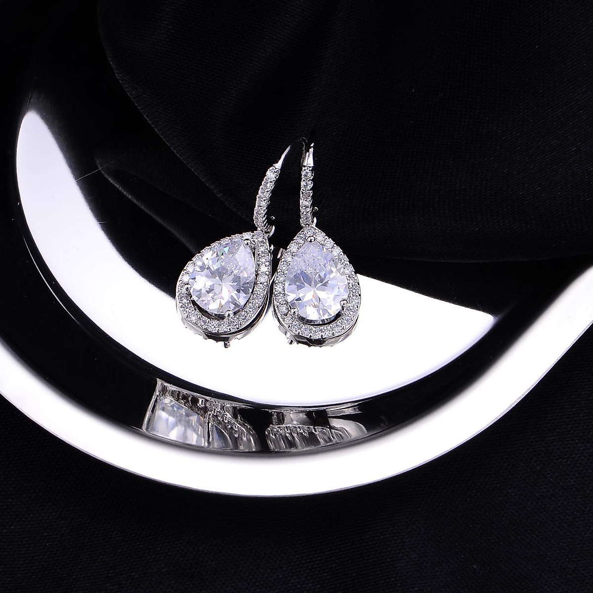 CZ Teardrop Earrings for Wedding - Sterling Silver Cubic Zirconia Crystal Rhinestone Drop Earrings Womens Bridal Jewelry for Bride Bridesmaids Mother of Bride Gift Party Prom Pageant Earring for Girls