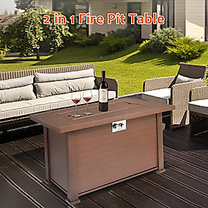 SINGLYFIRE 44 Inch Gas Fire Pit Table 50,000BTU Propane Fire Pit with Cover, Lid and 8.8lbs Lava Rock Fire Table for Patio, Deck, Garden, Backyard (Brown&Imitation Wood Grain)