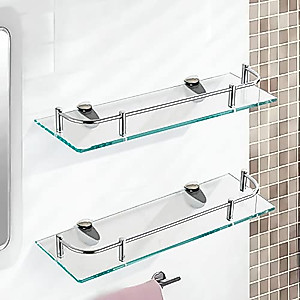 VASUHOME 2 Tier Bathroom Glass Shelves, Tempered Glass Bathroom Wall Organizer with Silver Guardrail, and 2 Metal Hooks - Wall Mounted Rectangular Shelves for Storage and Display