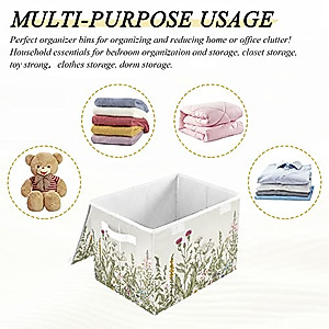 Wild Flowers Collapsible Rectangular Storage Bins with Lids Decorative Lidded Basket for Toys Organizers Fabric Storage Boxes with Handles for Home Clothes and Books