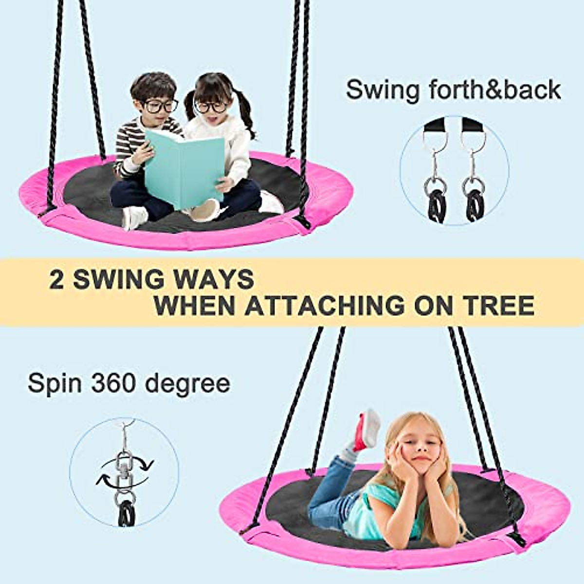 43” 700lbs Saucer Tree Swing,All-Weather Resistant Textilene Swing,360 Degree Spin,w/ 1 Swivel,2 Adjustable Ropes&Long Straps,Easy to Install,Comfortable for Kids Backyard,Playground (Pink)