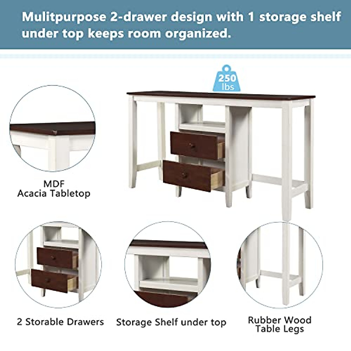 Quarte Farmhouse 3-Piece Dining Table Set,Rustic Counter Height Dining Table Set with 2 Storage Drawers and 2 Stools for Small Places (Brown+White/New*)