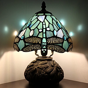 RHLAMPS Small Tiffany Lamp Mushroom Table Lamp, Sea Blue Dragonfly Style Mini Stained Glass Desk Memory Lamp Sympathy 8X11 Inch