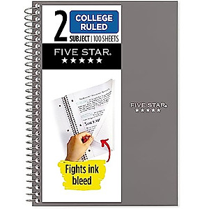 Five Star Small Spiral Notebook, 2 Subject, College Ruled Paper, 9-1/2" x 6", 100 Sheets, Gray (840004AA3)