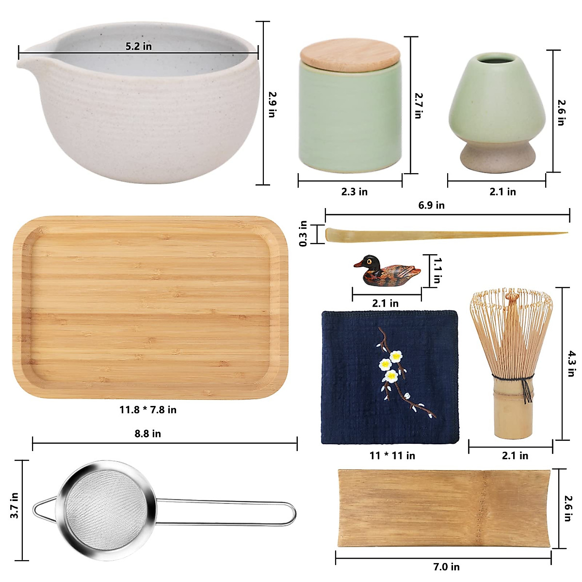 Artcome Japanese Matcha Tea Set, Matcha Bowl with Pouring Spout, Tea Tray, Bamboo Whisk, Ceramic Whisk Holder, Handmade Matcha Ceremony Kit For Japanese Tea Ceremony (10Pcs)