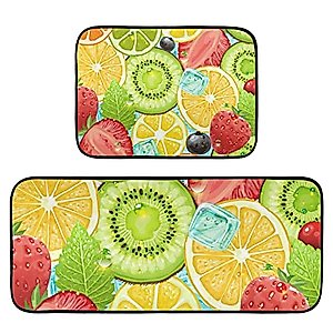 Lemon Strawberry Kitchen Rugs and Mats Set 2 Piece Non Slip Washable Runner Rug Set of 2 for Floor Home Kitchen Laundry Decorative