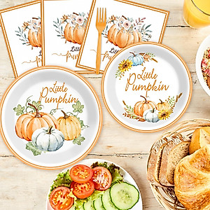 ZOIIWA 96 Pcs Little Pumpkin Baby Shower Tableware Set Thanksgiving Party Supplies Gender Reveal Dinnerware Pumpkin Baby Shower Party Disposable Fall Plates Napkins Party Decorations Serves 24 Guests