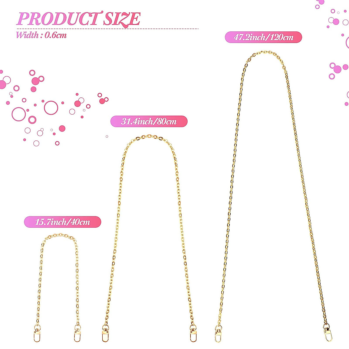 Junkin Replacement Purse Chain Strap Flat Chains Shoulder Straps Purse Link Chains Gold, Classic Style Mini Metal with Metal Slide Hook Buckles for DIY Handbags Crafts 47 Inch 31 Inch 15 Inch