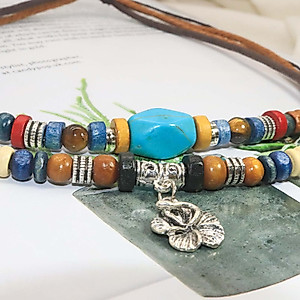 HETICA Boho Necklace Woman Tribal Layered Necklace Retro Boho Style Turquoise Necklace Braided Necklace for Woman Retro Fashion Adjustable Hemp Cords Wood Beads Beaded Choker Necklace