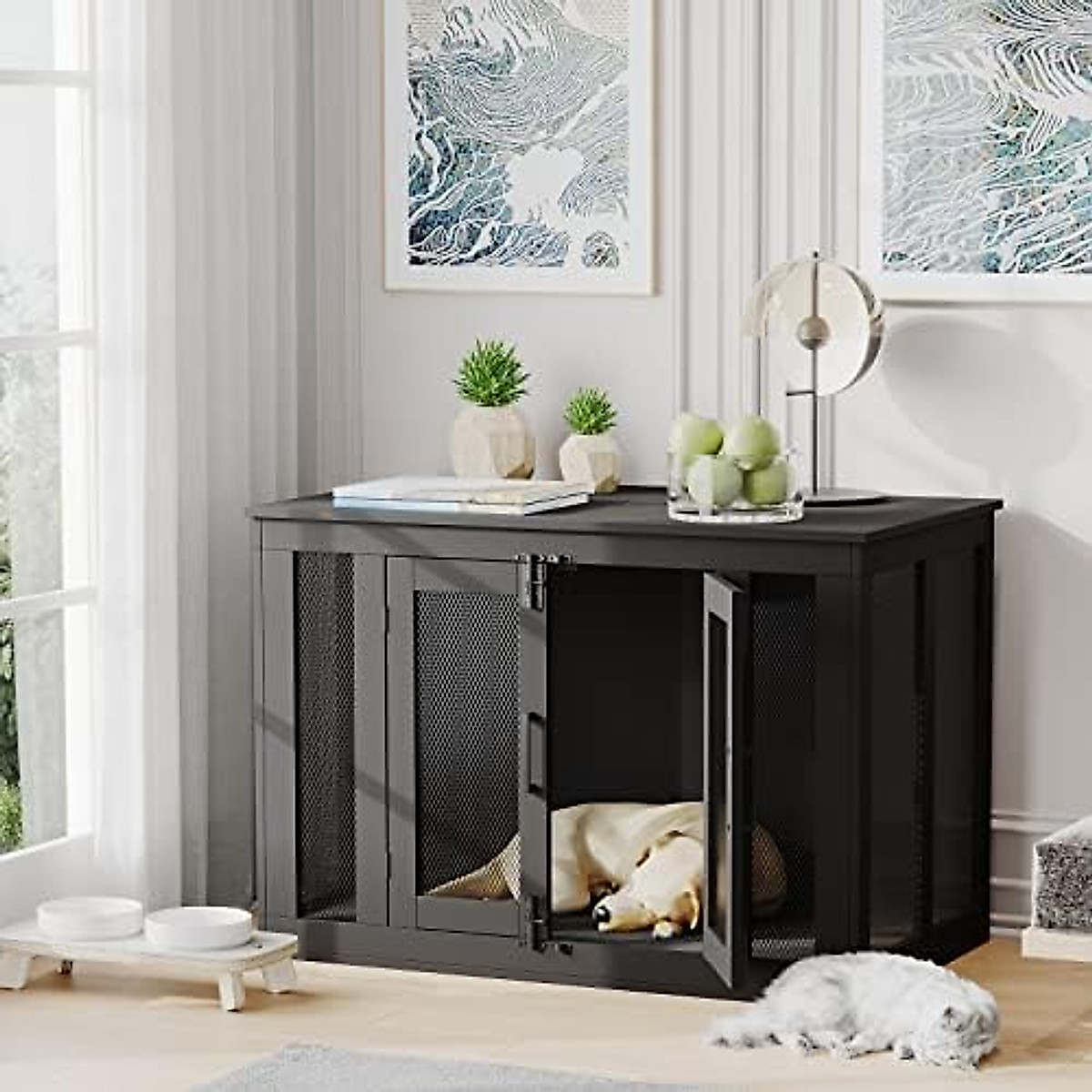 Irontar End Table Dog Crate Furniture for Small to Large Dogs, Wooden Dog Kennel with Cushion, Double-Door Dog House, Black MGW001H