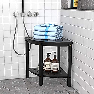Bamboo Corner Shower Stool Bench Waterproof - with Storage Shelf for Shaving Legs or Seat in Bathroom & Inside Shower