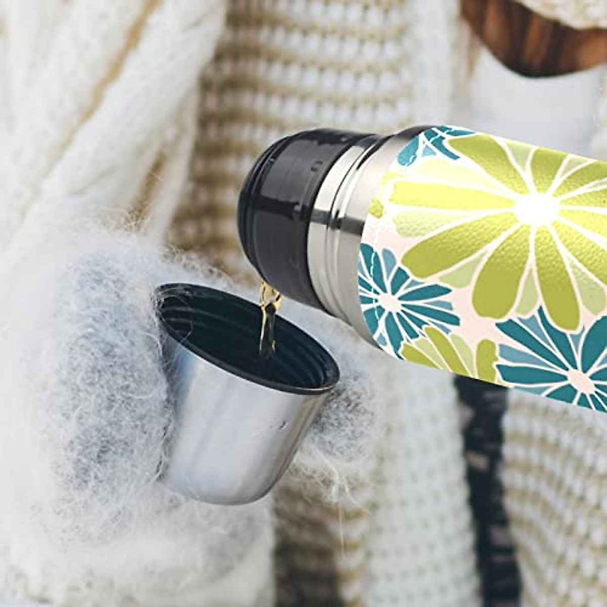 Stainless Steel Leather Vacuum Insulated Mug Flower Thermos Water Bottle for Hot and Cold Drinks Kids Adults 16 Oz