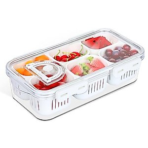 Dualshine Divided Serving Tray with Lid, Fruit Storage Containers for Fridge, Snack Box, Portable Food Storage Containers with 6 Compartments Keep Fruits, Snacks, Vegetables and Spices Fresh Longer