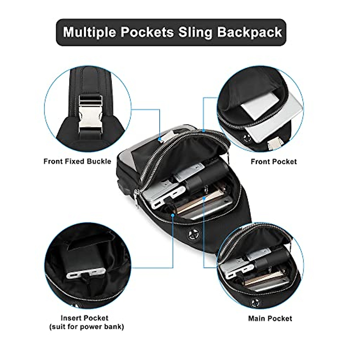 SEAFEW Small Black Tactical Sling Bag Crossbody Backpack Shoulder Bag for Men Women, Daypack Anti-Theft Cross Body Motorcycle Chest Bags, One Strap Backpack for Walking Biking Travel Cycling