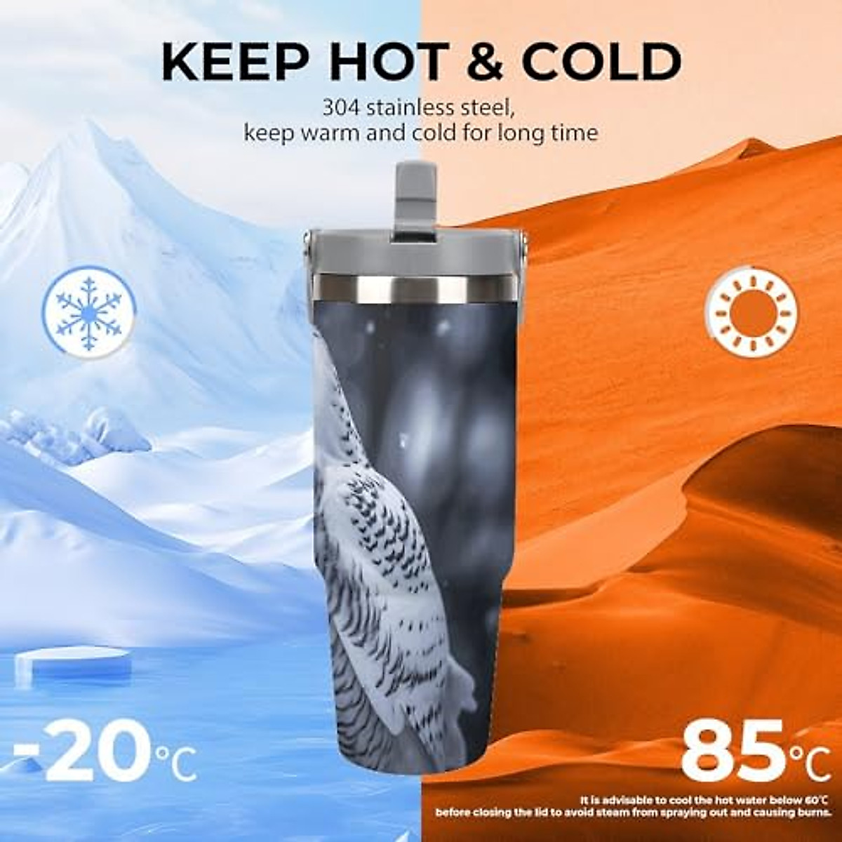 30oz Stainless Steel Insulated Tumbler with Flip Lid & Straw, Leakproof Travel Mug for Car, Arctic Owl Double Wall Vacuum Thermal Coffee Cup with Handle, Spill-Proof Design for Hot/Cold Drinks
