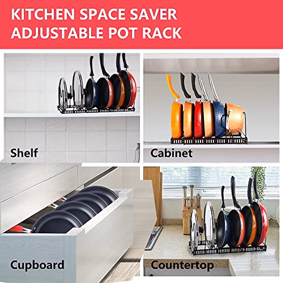 XSUPER Expandable Pot and Pan Organizer for Cabinet, Kitchen Pot Rack Organizer, Pans and Pots Lid Organizer Rack Holder with 7 Adjustable Compartments, Black